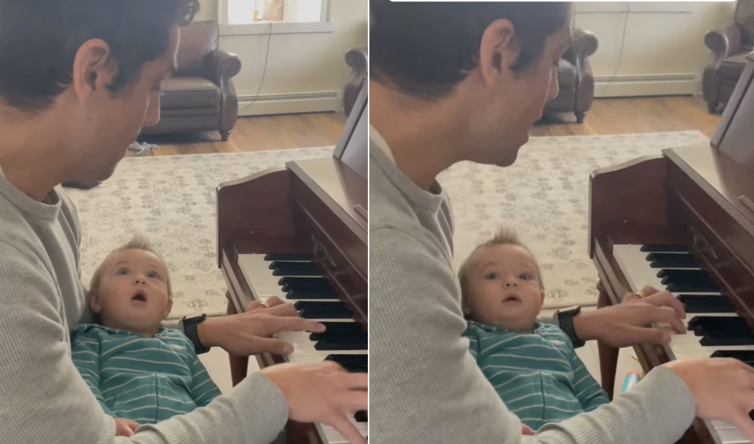 What a heartwarming moment: Baby listening to daddy sing and trying to ...