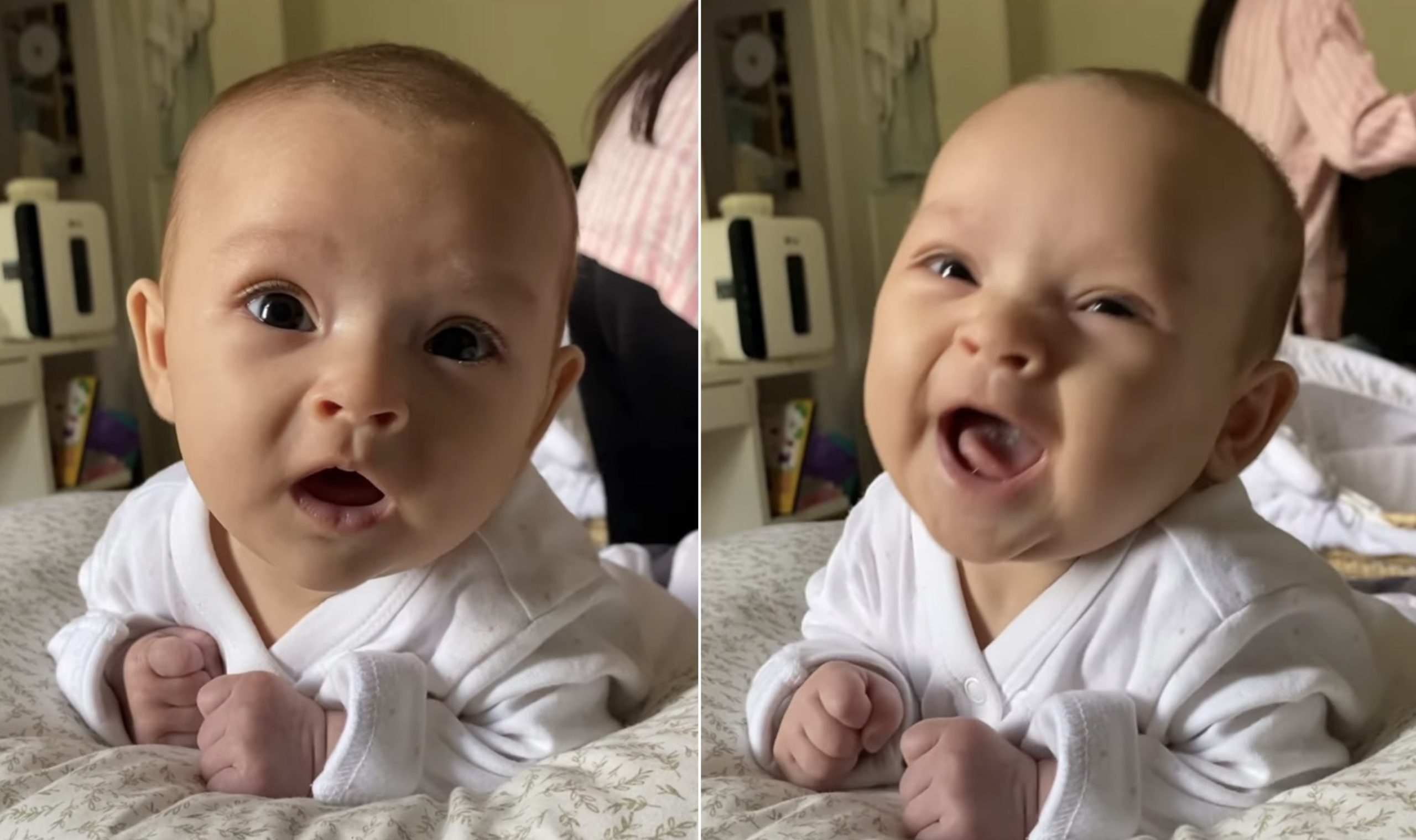 Sooo precious ! The baby sees herself in the camera for the first time ...